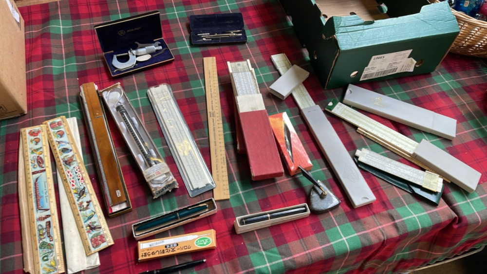 BOX SLIDE RULES PENS ETC